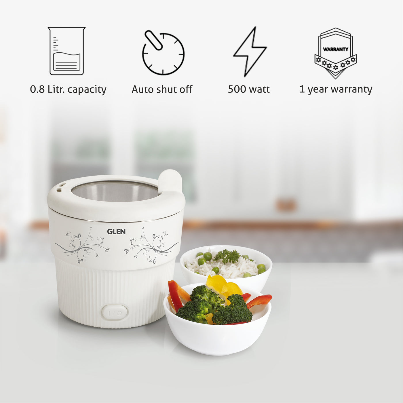 Electric Mini Cooker, 0.8 Litre Steam, Cook & Boil 500W- White and Red