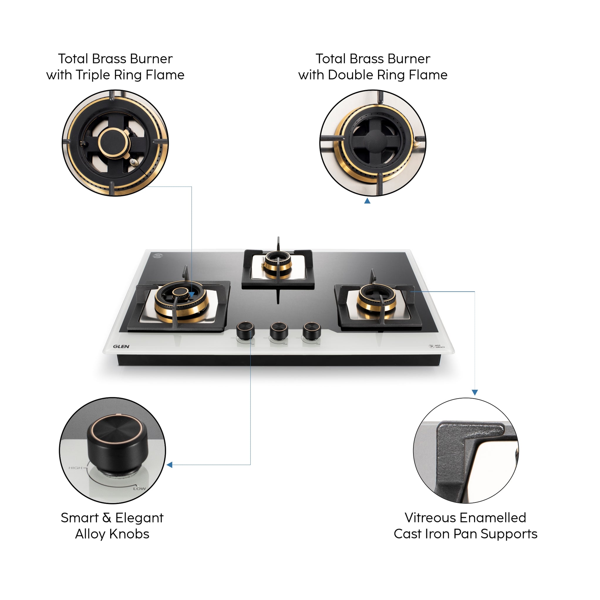 Buy 3-Burner Glass Gas Hob with Forged Brass Burners