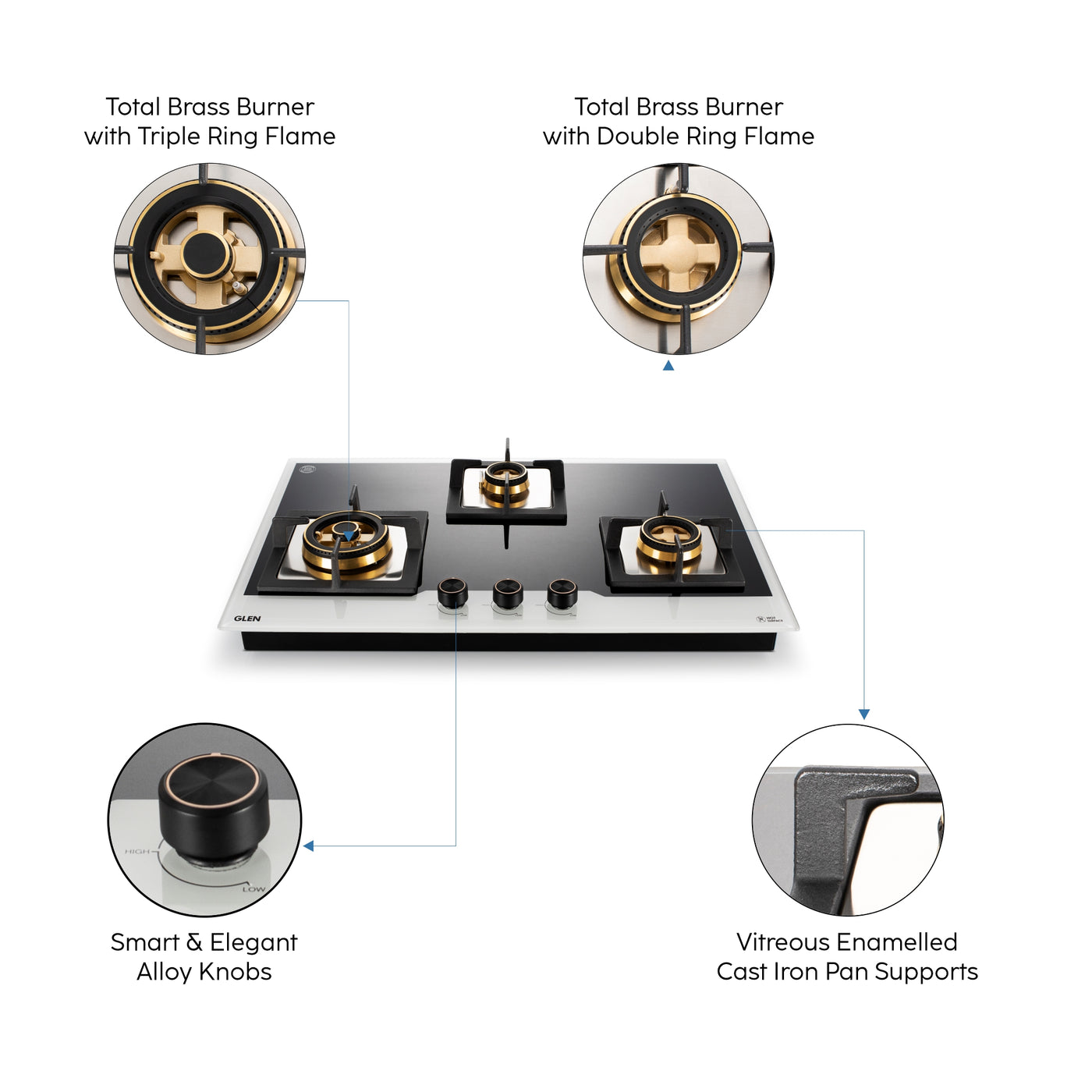 Buy 3 Burner Gas Hob Top with Double Ring Burner Online | Glen — Glen ...